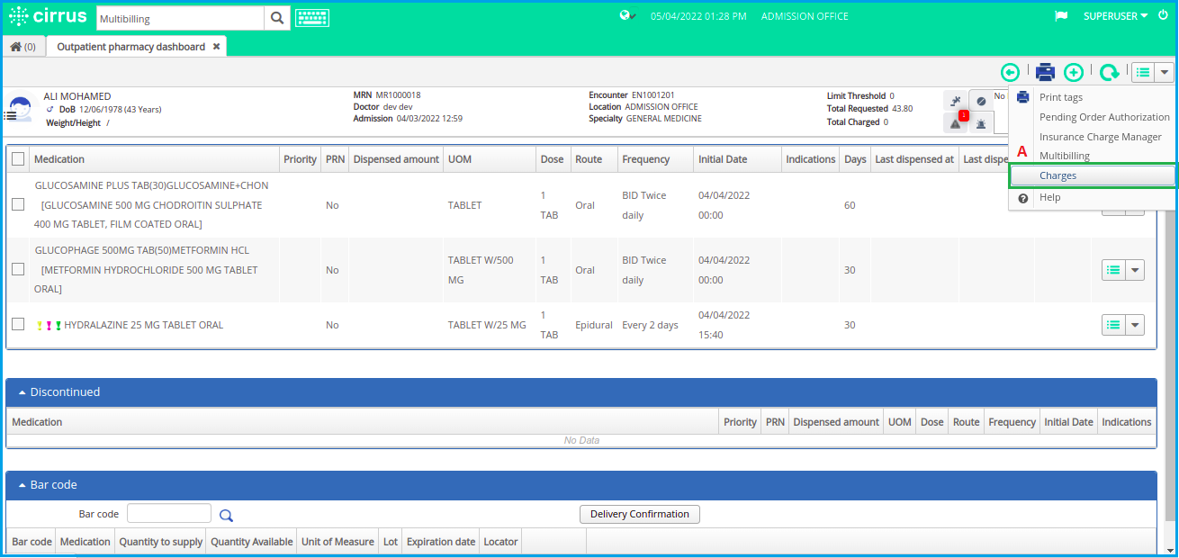 292 - Encounter charges button in Outpatient Pharmacy – eCareSoft, Inc Knowledge Base (EN)