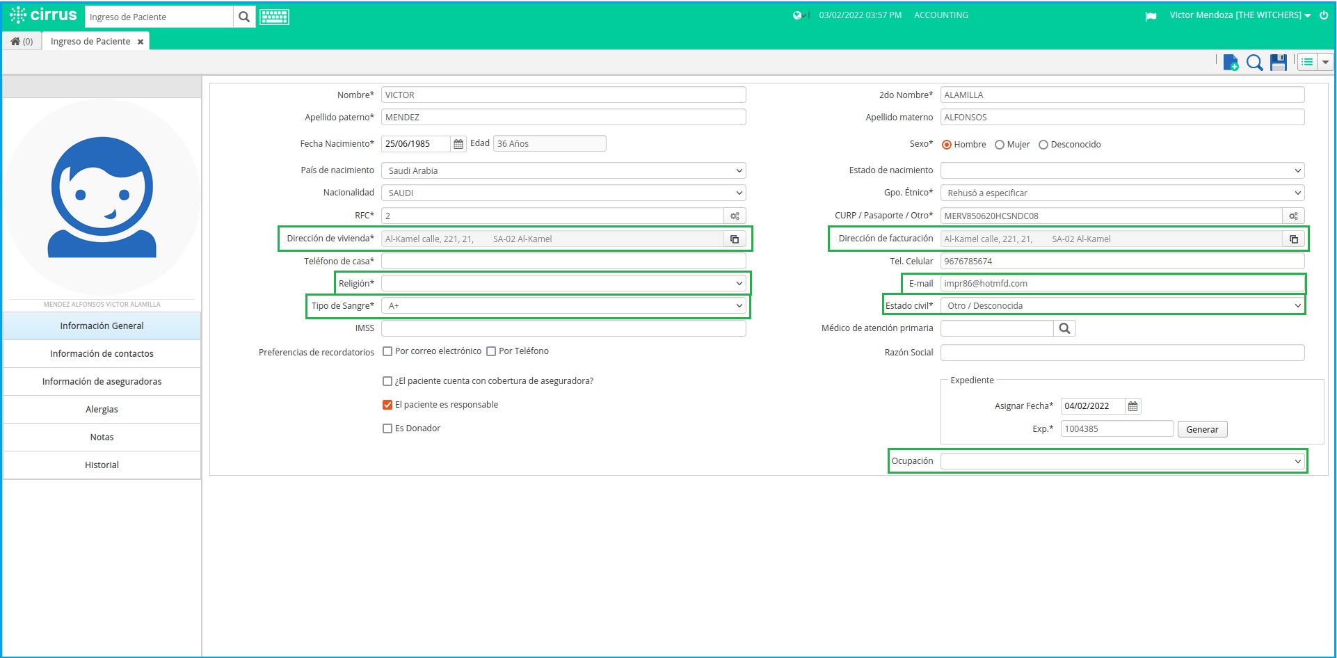 262 - Campos añadidos para completar procesos de guardado de paciente desde Nimbo en Cirrus ...