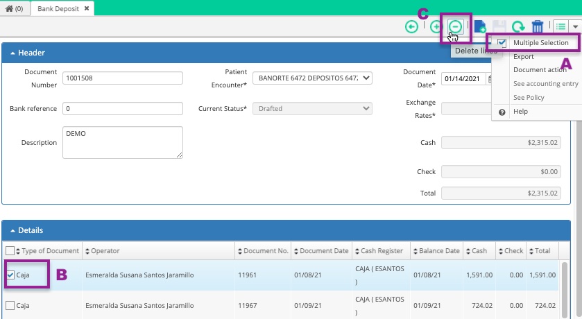 Common actions in bank deposits – eCareSoft, Inc Knowledge Base (EN)